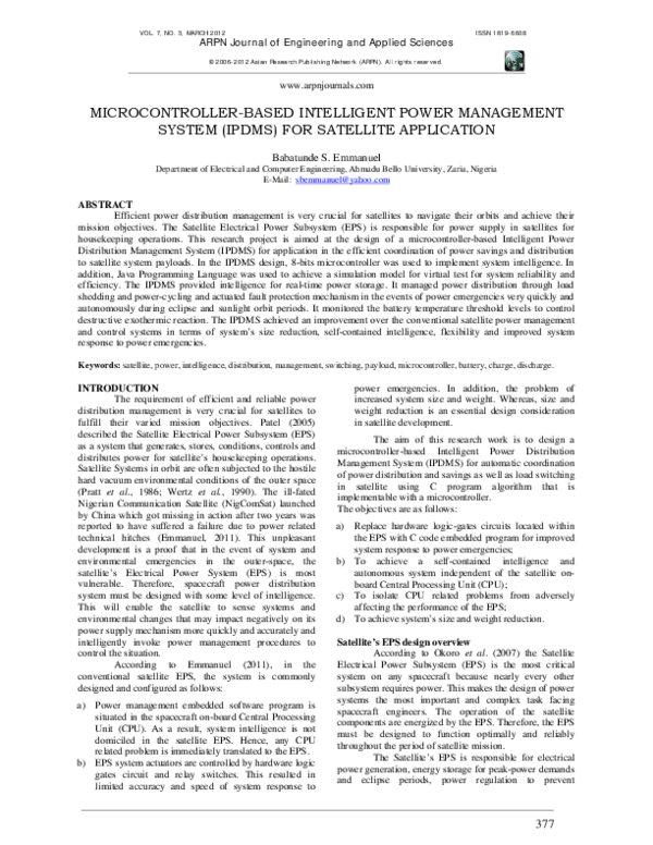 Pdf Microcontroller Based Intelligent Power Management System Ipdms For Satellite Application