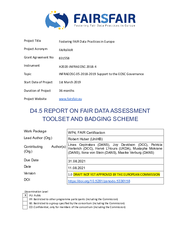(PDF) D4.5 Report on FAIR Data Assessment Toolset and Badging Scheme ...