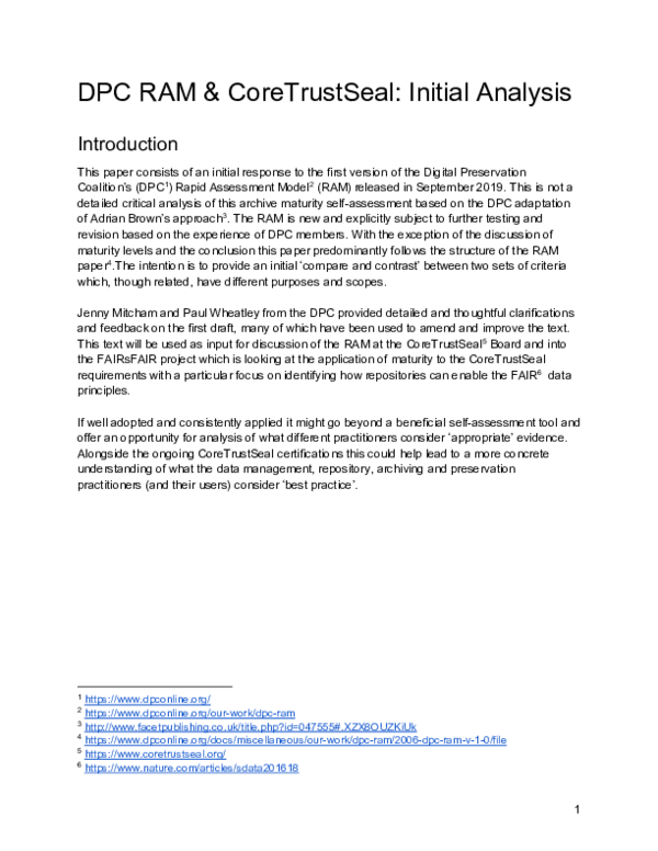 (PDF) DPC Rapid Assessment Model and the CoreTrustSeal: Initial Analysis