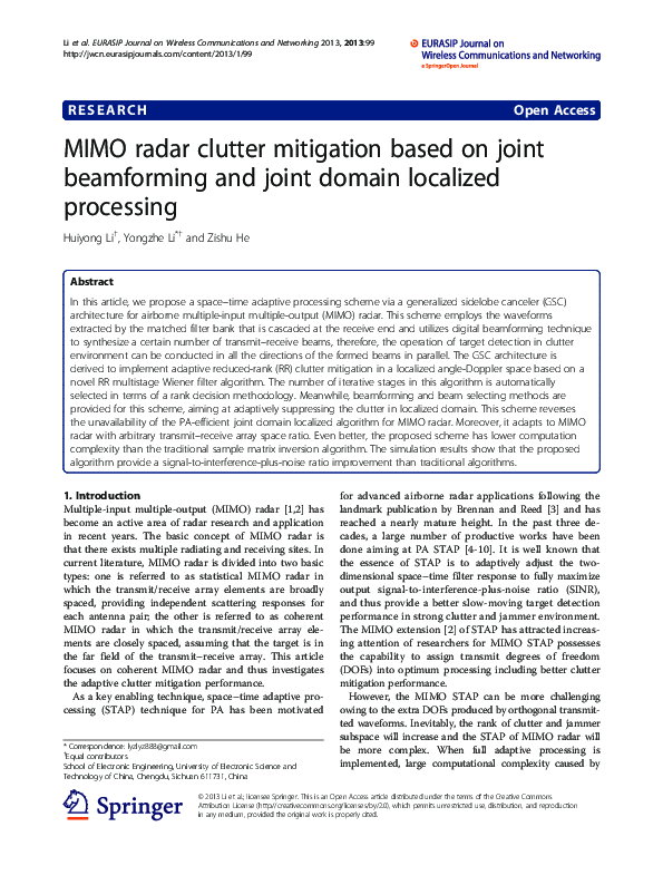 (PDF) MIMO radar clutter mitigation based on joint beamforming and joint domain localized ...