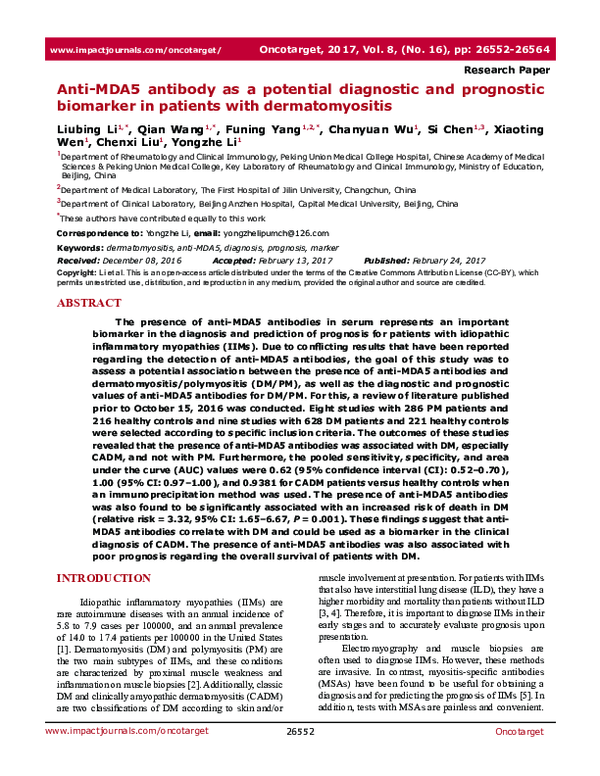 (PDF) Anti-MDA5 antibody as a potential diagnostic and prognostic ...