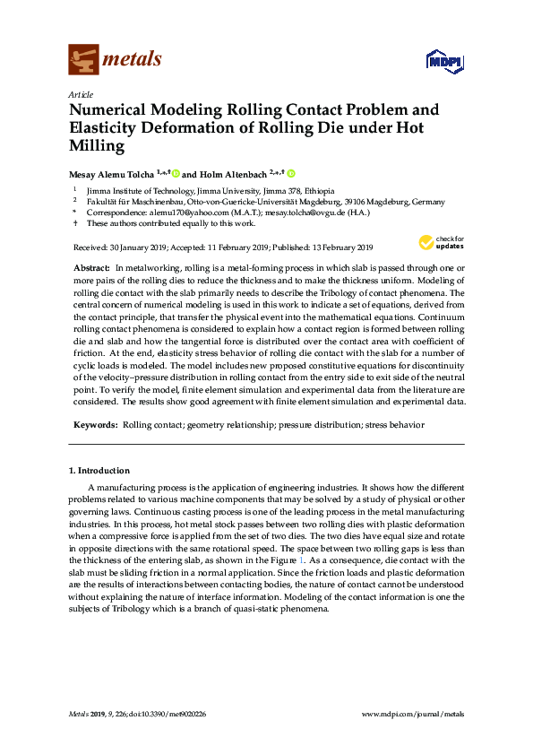 (PDF) Numerical Modeling Rolling Contact Problem and Elasticity Deformation of Rolling Die under ...