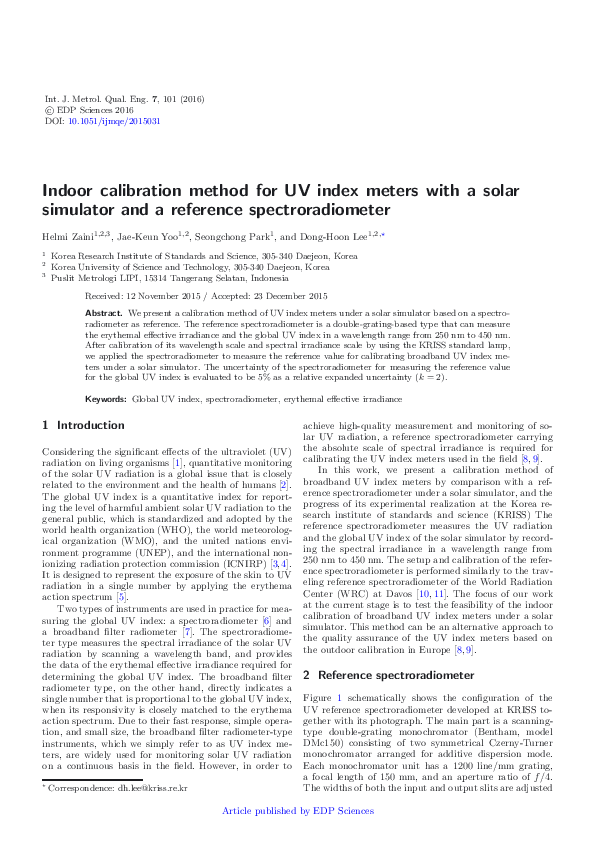 (PDF) Indoor calibration method for UV index meters with a solar simulator and a reference ...