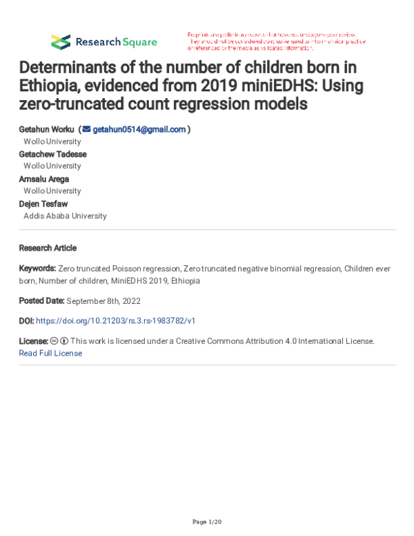(PDF) Determinants of the number of children born in Ethiopia, evidenced from 2019 miniEDHS ...