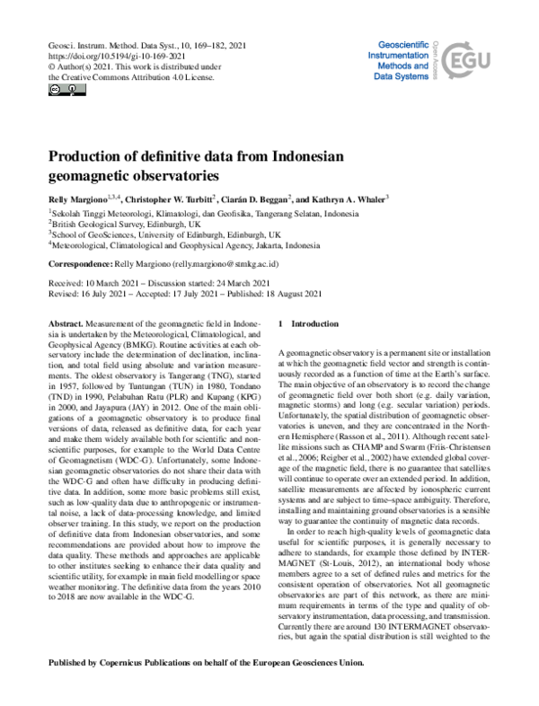 Pdf Production Of Definitive Data From Indonesian Geomagnetic Observatories