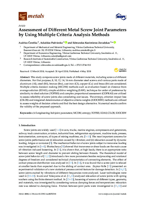 Assessment of Different Metal Screw Joint Parameters by Using Multiple ...