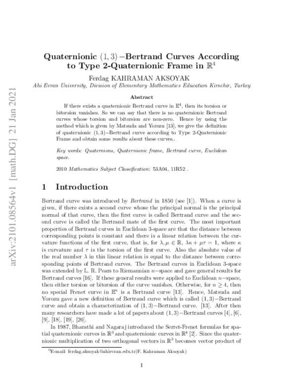 (PDF) Quaternionic (1,3)-Bertrand Curves According to Type 2-Quaternionic Frame in R^4