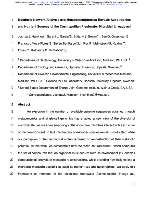 Pdf Metabolic Network Analysis And Metatranscriptomics Reveals Auxotrophies And Nutrient