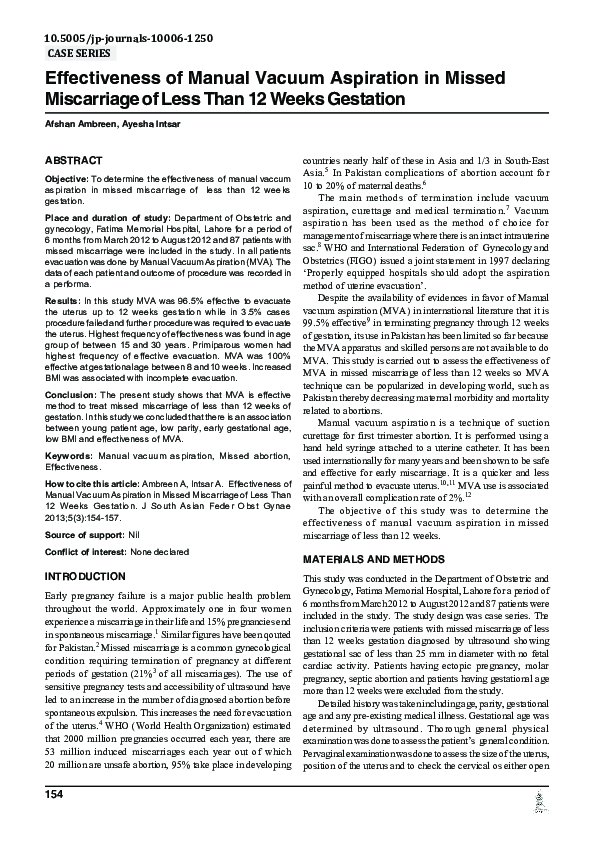 (PDF) Effectiveness of Manual Vacuum Aspiration in Missed Miscarriage ...