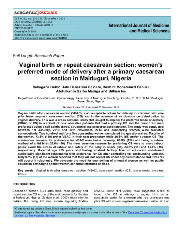 (PDF) Vaginal birth or repeat caesarean section: women’s’ preferred mode of delivery after a ...
