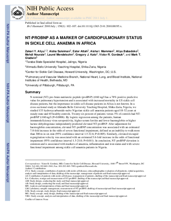 (PDF) NT-proBNP as a marker of cardiopulmonary status in sickle cell ...