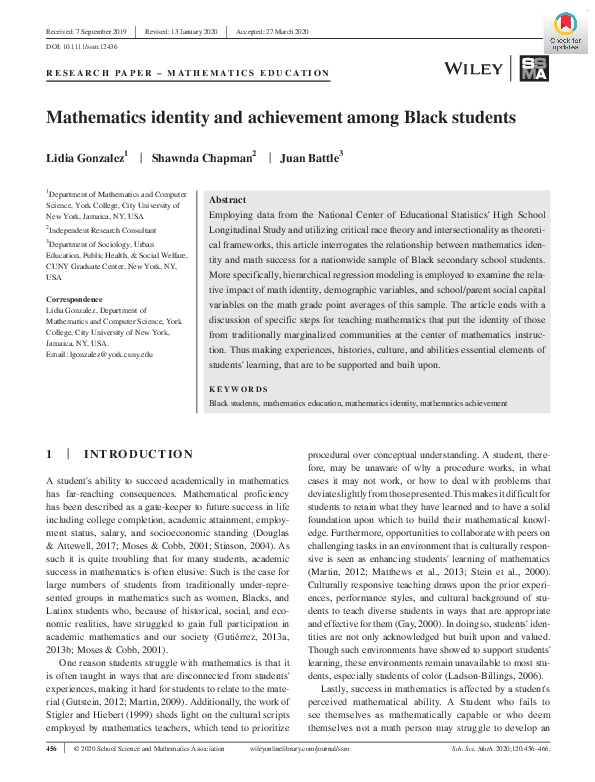 (PDF) Mathematics identity and achievement among Black students