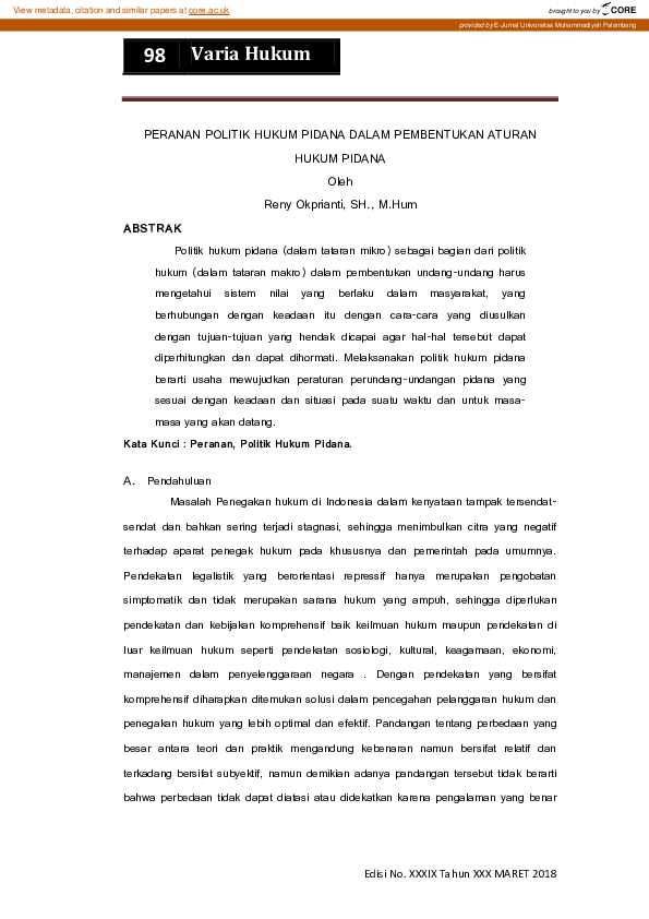 (PDF) Peranan Politik Hukum Pidana Dalam Pembentukan Aturan Hukum Pidana