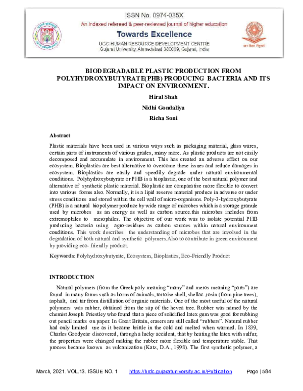 (PDF) Biodegradable Plastic Production from Polyhydroxybutyrate(PHB ...