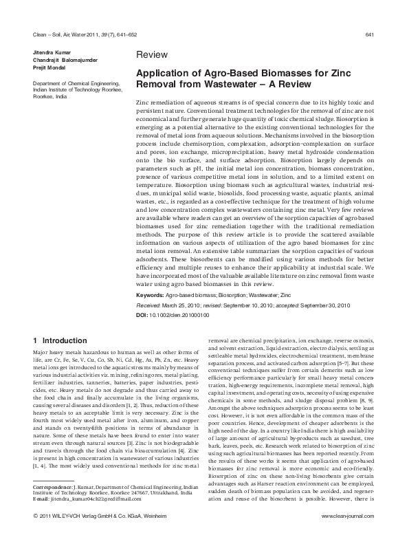(PDF) Application of Agro-Based Biomasses for Zinc Removal from ...
