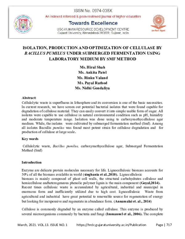 Pdf Isolation Production And Optimization Of Cellulase By Bacillus Pumilus Under Submerged