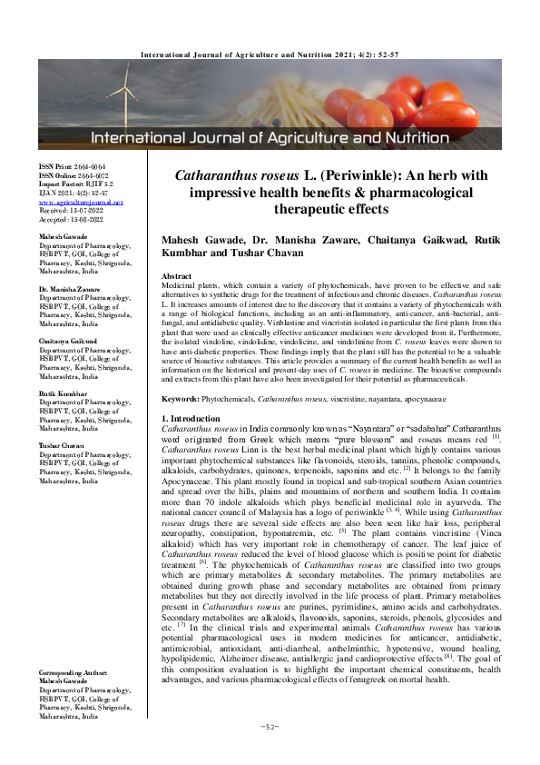(PDF) Health Benefits of Catharanthus roseus L.