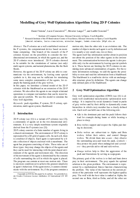 (PDF) Modelling of Grey Wolf Optimization Algorithm Using 2D P Colonies
