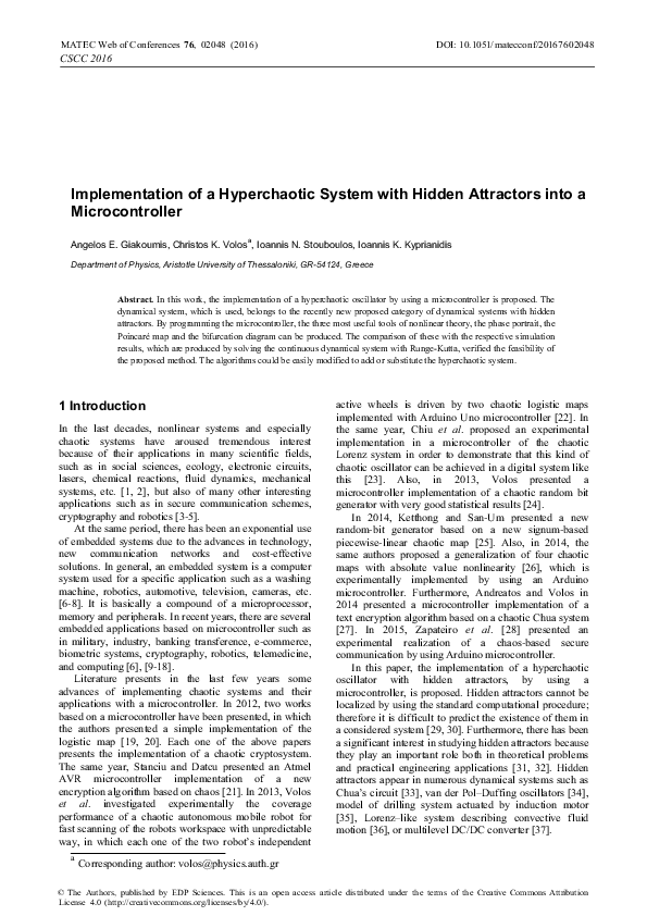 (PDF) Implementation of a Hyperchaotic System with Hidden Attractors into a Microcontroller