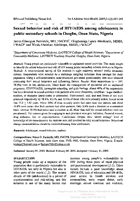 Pdf Sexual Behavior And Risk Of Hivaids Among Adolescents In Public 6312