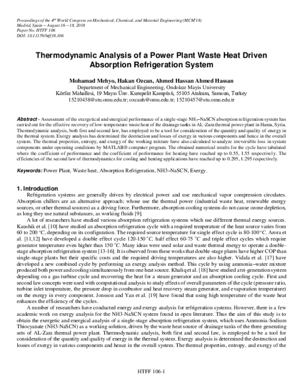 (PDF) Thermodynamic Analysis of a Power Plant Waste Heat Driven Absorption Refrigeration System