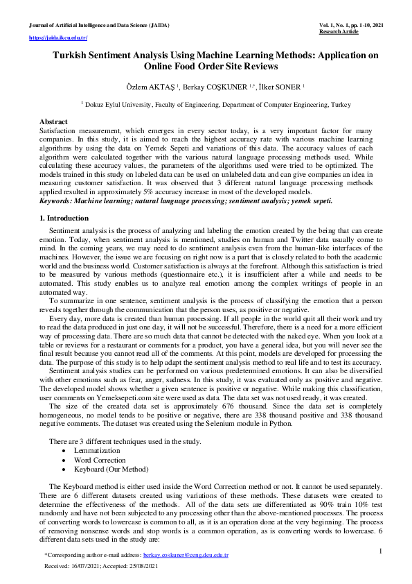 Pdf Turkish Sentiment Analysis Using Machine Learning Methods Application On Online Food