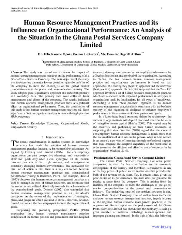 (PDF) Human Resource Management Practices and its Influence on Organizational Performance : An ...