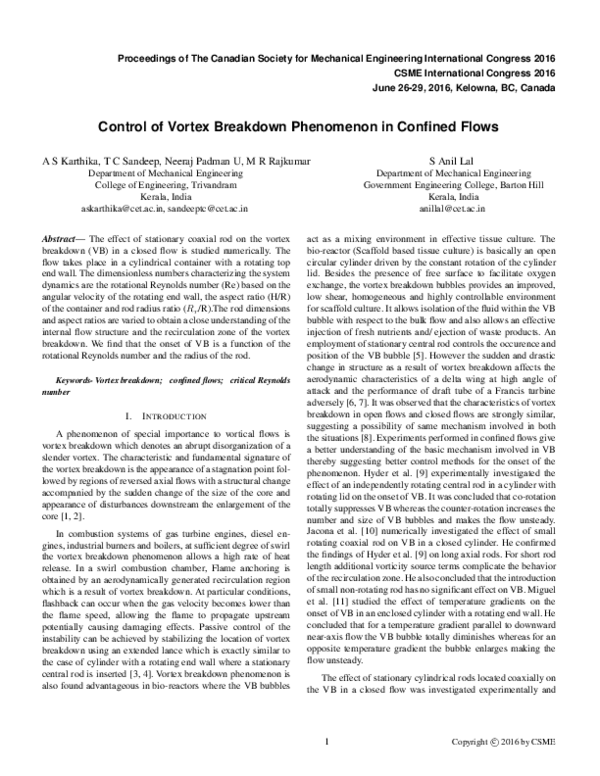 (PDF) Control of Vortex Breakdown Phenomenon in Confined Flows