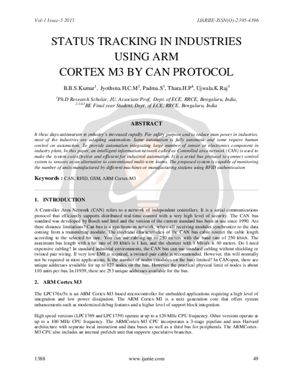 (PDF) Status Tracking In Industries Using ARM CORTEX M3 by CAN Protocol