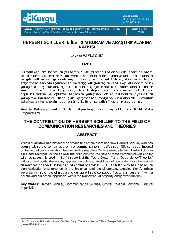 (PDF) Herbert Schiller’İn İleti̇şi̇m Kuram Ve Araştirmalarina Katkisi