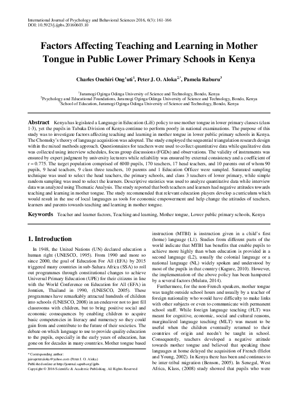 (PDF) Factors affecting teaching and learning in mother tongue in public lower primary schools ...