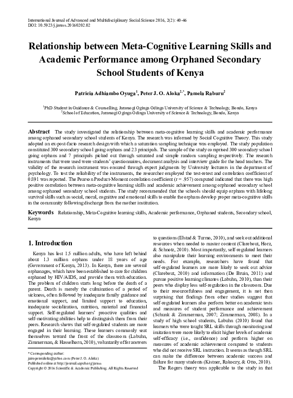 (PDF) Relationship between Meta-Cognitive Learning Skills and Academic Performance among ...