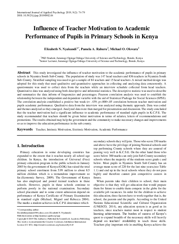 (PDF) Influence of Teacher Motivation to Academic Performance of Pupils in Primary Schools in Kenya