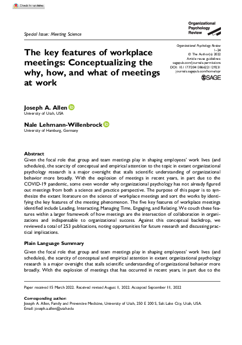 (PDF) The key features of workplace meetings: Conceptualizing the why ...