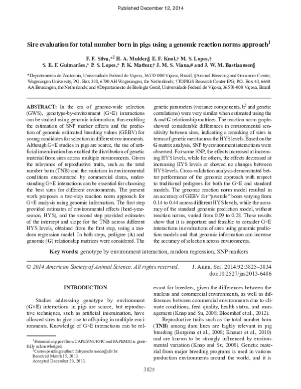 (PDF) Sire evaluation for total number born in pigs using a genomic ...