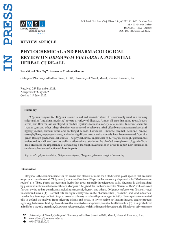 (PDF) Phytochemical and Pharmacological Review on origanum Vulgare: A Potential Herbal cure-All