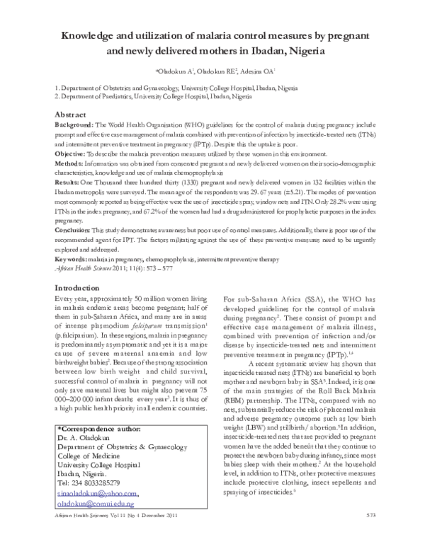 (PDF) Knowledge and utilization of malaria control measures by pregnant and newly delivered ...