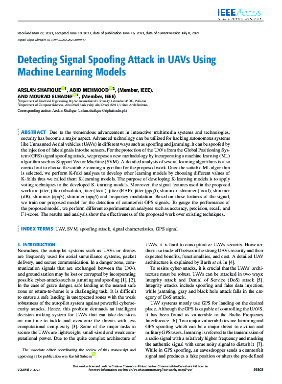 Pdf Detecting Signal Spoofing Attack In Uavs Using Machine Learning Models