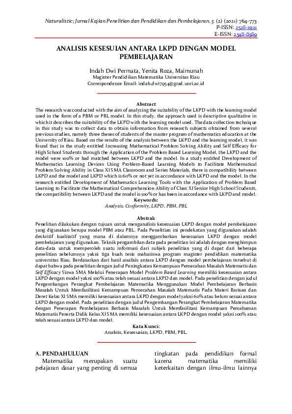 (PDF) Analisis Kesesuian antara LKPD dengan Model Pembelajaran