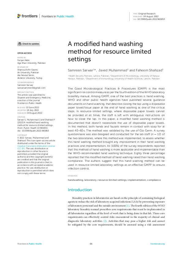 (PDF) A modified hand washing method for resource limited settings