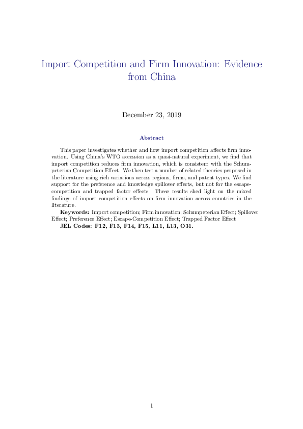 (PDF) Import competition and firm innovation: Evidence from China