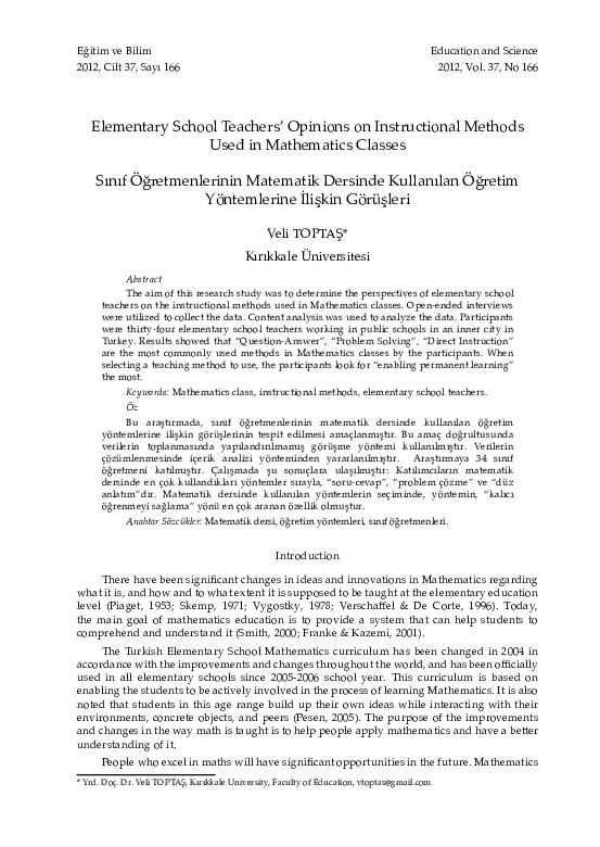 (PDF) Elementary School Teachers ’ Opinions on Instructional Methods Used in Mathematics Classes