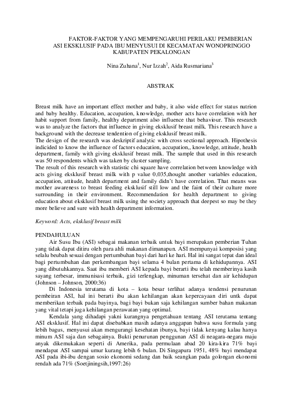 (PDF) Faktor-Faktor Yang Mempengaruhi Perilaku Pemberian Asi Eksklusif Pada Ibu Menyusui DI ...