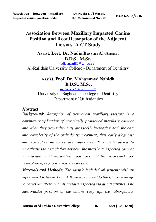 (PDF) Association Between Maxillary Impacted Canine Position and Root Resorption of the Adjacent ...