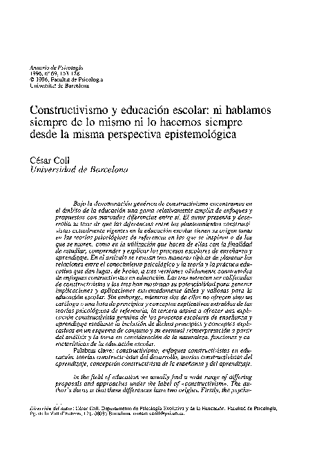 (PDF) Constructivismo y educación escolar: ni hablamos siempre de lo mismo ni lo hacemos siempre ...