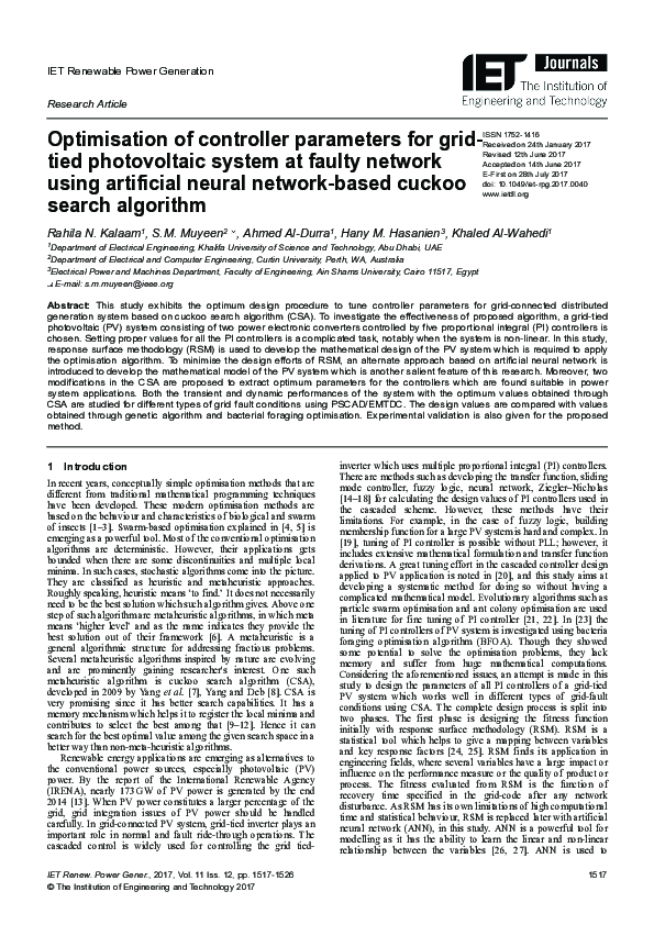 (PDF) Optimisation of controller parameters for grid‐tied photovoltaic system at faulty network ...