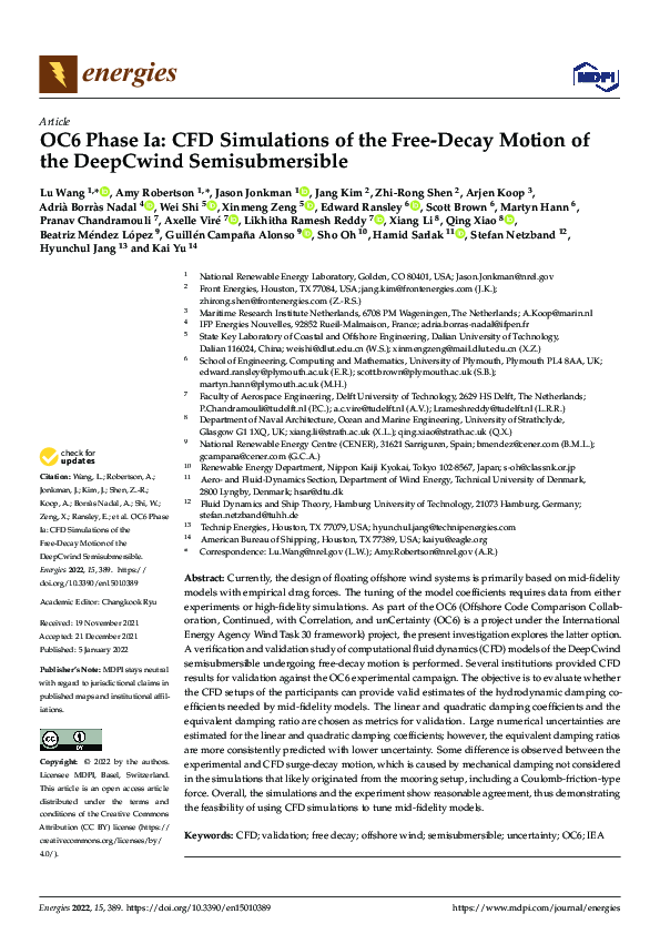 (PDF) OC6 Phase Ia: CFD Simulations of the Free-Decay Motion of the DeepCwind Semisubmersible