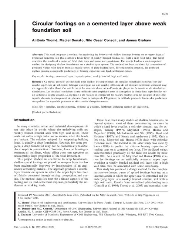 (PDF) Circular footings on a cemented layer above weak foundation soil
