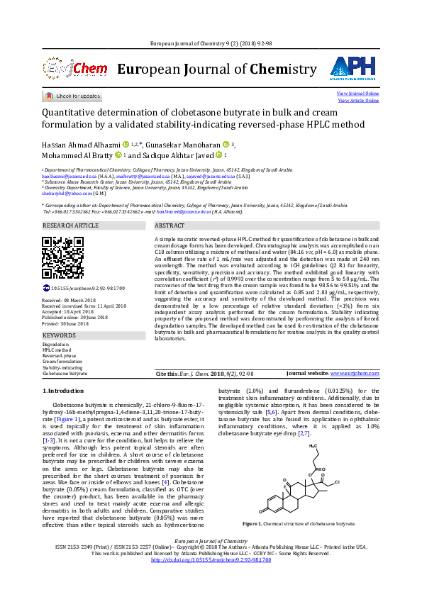 Pdf Quantitative Determination Of Clobetasone Butyrate In Bulk And Cream Formulation By A