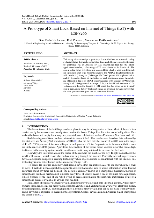 (PDF) Prototype of Smart Lock Based on Internet Of Things (IOT) With ESP8266